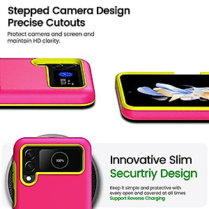 X-FOUR Compatible with Galaxy Z Flip 4 Case with [ Card Slot ] [ Hinge Protection ] for Samsung Galaxy Z Flip 4 5G Case with Card Holder Hard PC Shockproof Protective Cover - Neon Pink