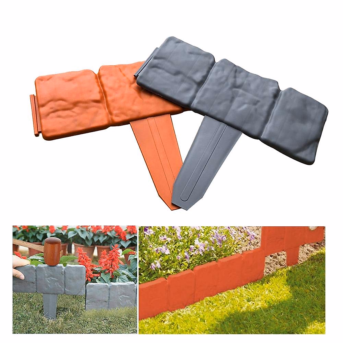 20 Pcs Plastic Garden Edging, Fence Imitation Stone, Garden Fence – Folding Mosaic Garden Fence Gray (Orange)