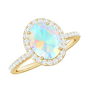 Rosec Jewels 8X10 MM Real Ethiopian Opal Ring with Diamond Halo | 1.75 Cttw | AAA Quality, 14K Yellow Gold, Size:US 10.00