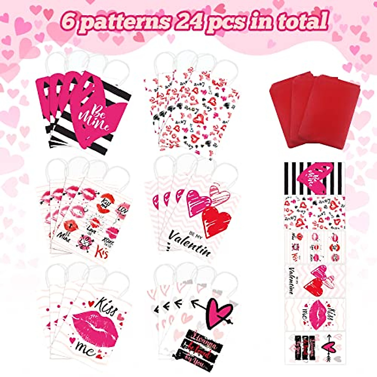 24 Pcs Valentine's Day Gift Bag Valentine's Kraft Paper Bags with Red Tissue Paper Heart Shaped Treat Goodies Bag Wrapping for Wedding Valentines Party Favor Decorations Kids Classroom Exchange Prizes