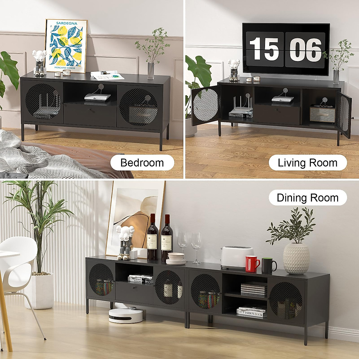 TV Stand Retro Record Cabinet Metal Storage Cabinet Cupboard Console Table Entertainment Center with Storage Cabinet Sideboard Buffet tv Stand Metal Locker Media Entertainment Center with Cable Hole