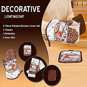 Lobyn Value Packs - 2 Coffee Kitchen Dish Towels, Matching Potholder & Oven Mitt Linen Set Steaming Style for Your Kitchen Decor Featuring Cafe Themes