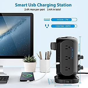 Power Strip Tower AOFO Surge Protector 12 AC Outlets with 4 USB Ports Charging Station with Overload Protection, Widely Spaced Multiple Outlets with 10Ft Long Extension Cord for Home, Dorm & Office