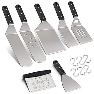Leonyo Griddle Accessories Set of 7, Stainless Steel Metal Spatula Scraper Turner for Flat Top Grill Pan BBQ, Dishwasher Safe, 6 x Hanging Hooks