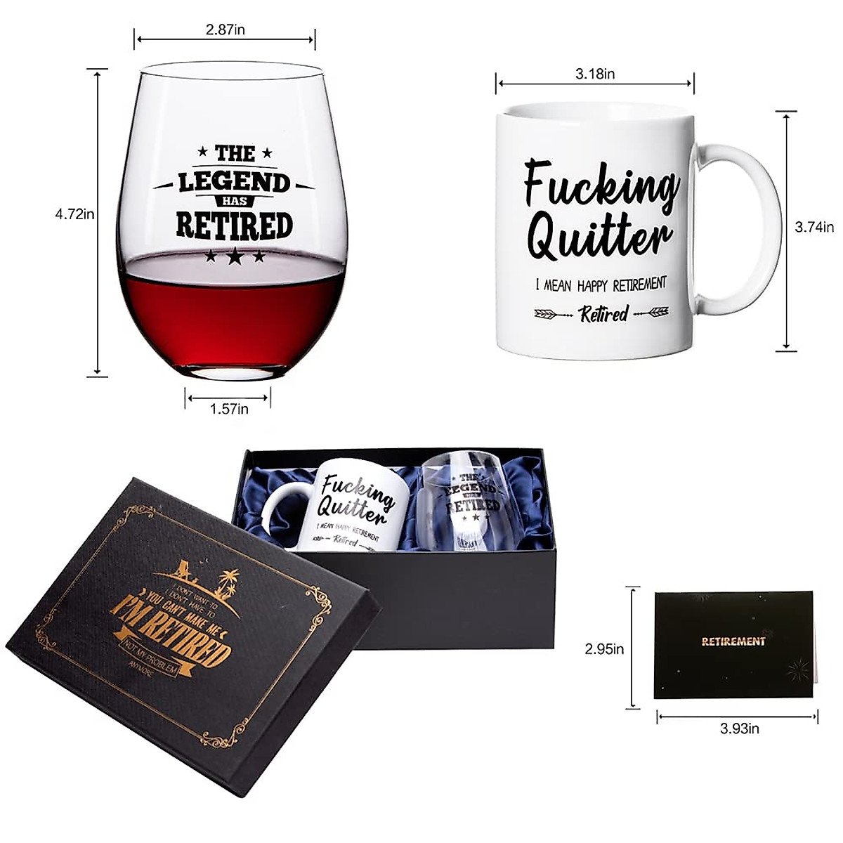 PUGED Unique Retirement Gift for Men Gifted Package Set 11 oz Coffee Mug and 18 oz Stemless Wine Glass Funny Male Retired Idea Goodbye Gift for Coworkers Office, Grandpa, Dad and Husband