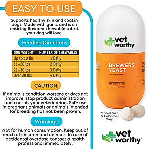 Vet Worthy Brewer’s Chewables for Dogs - Dog Daily Supplement to Support Healthy Skin and Coat - Brewers Supplement with Zinc, Iron, Vitamin B Complex - Garlic Flavored, 300 Tablets
