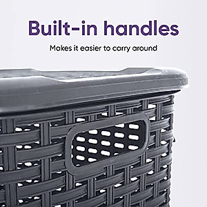 Plastic Corner Laundry Hamper with Lid, Curved Designed Laundry Basket, 2 Pack Triangle Grey Cloths Hamper Organizer with Cut-out Handles for Laundry Room Bedroom Bathroom, Wicker Design, 50 Liter