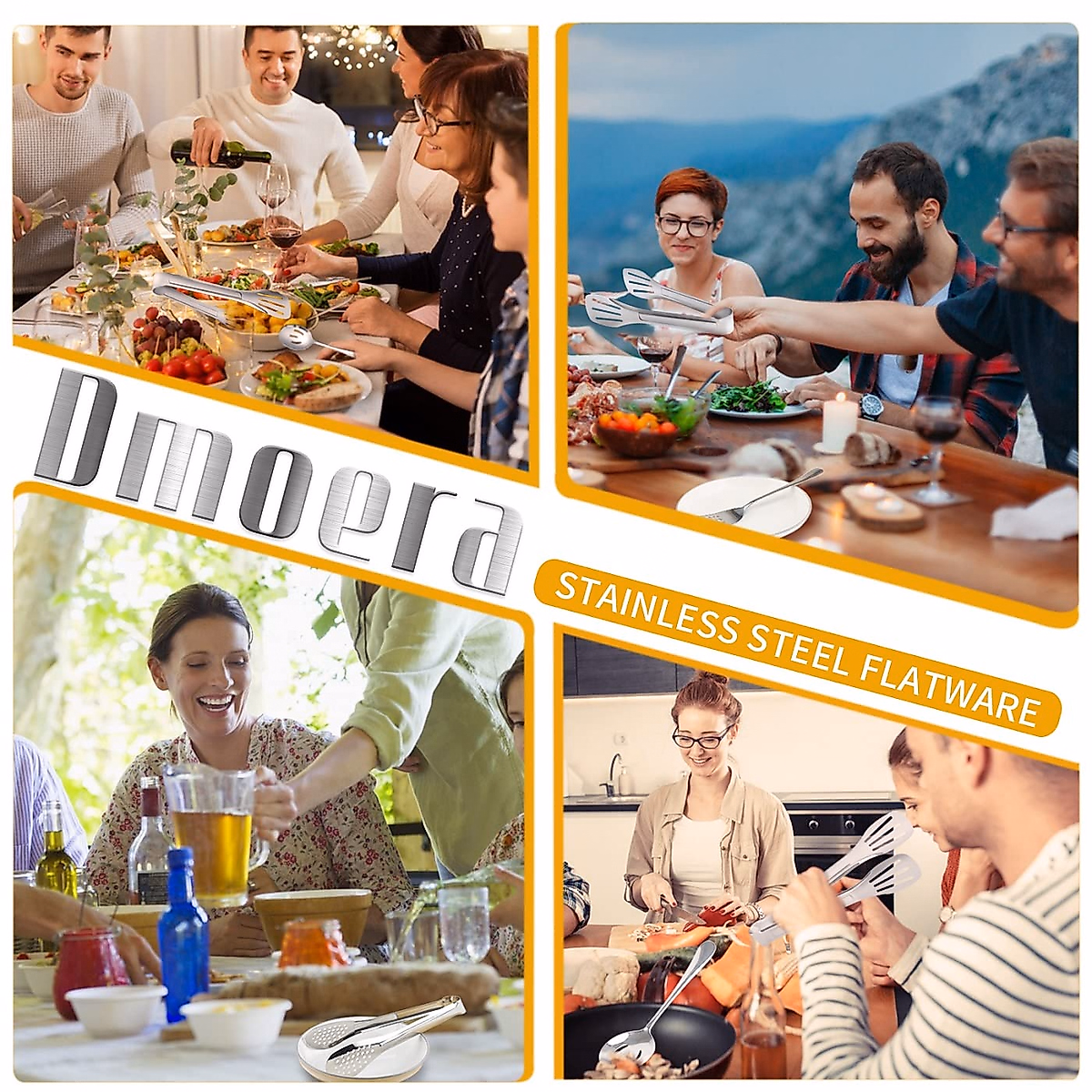 8 Pieces Stainless Steel Flatware Serving Utensils, Include 2 Serving Spoons, 2 Slotted Spoons, 2 Tongs and 2 Forks for Party Buffet Banquet Kitchen