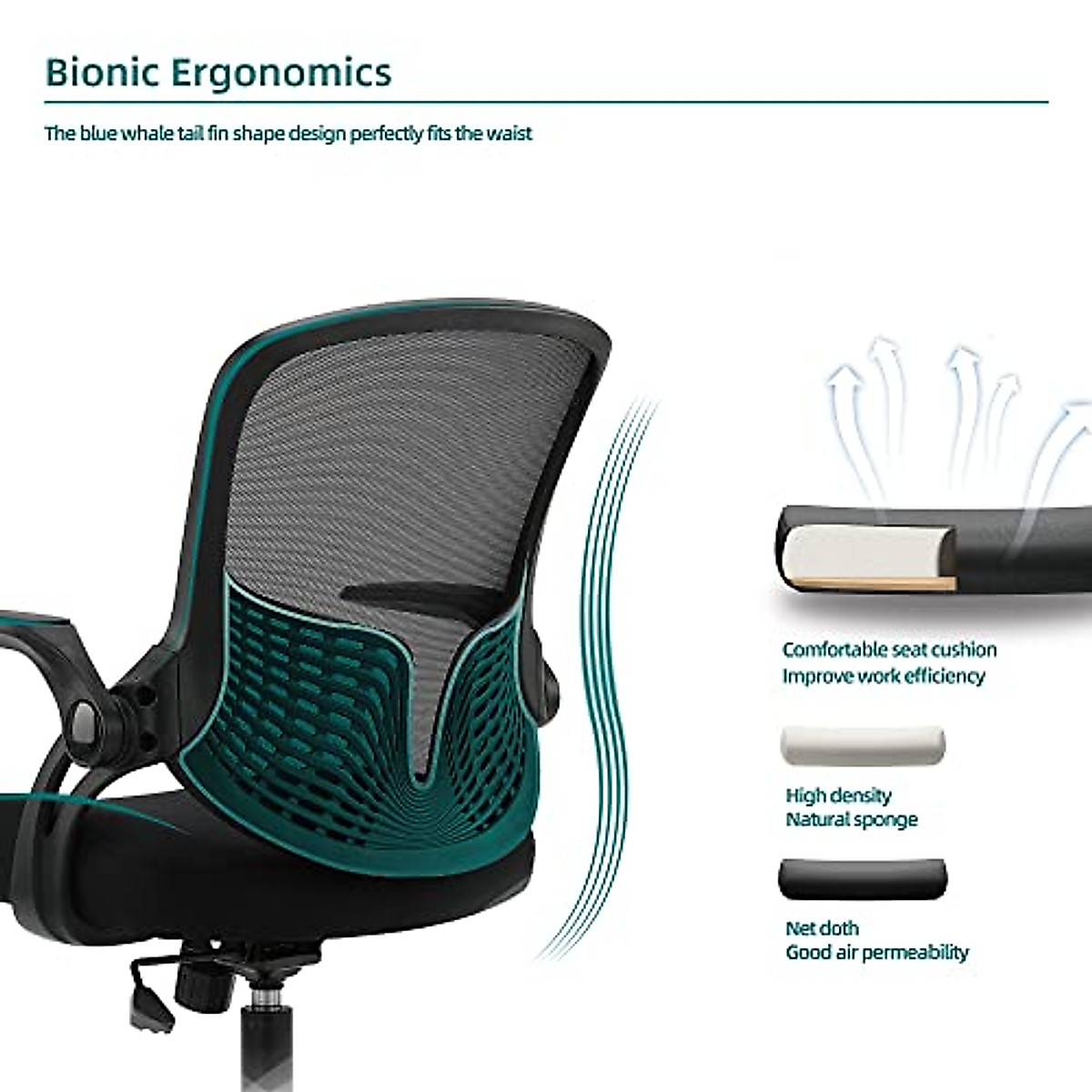 Home Office Chair, Ergonomic Desk Chair Adjustable Height Mesh Mid Back Computer Chair with Flip Up Armrests and Lumbar Support Swivel Task Chair