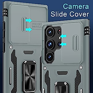 DEERLAMN for Samsung Galaxy S23 Ultra Case with Slide Camera Cover,Built-in Rotated Ring Kickstand [Full Camera Protection] [Military Grade] Heavy Duty Shockproof Protective Case Cover-Grey