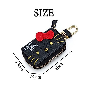 Cute Car Key Case for Girls and Women, Genuine Leather Embroidered Car Smart Key Chain Keychain Holder, Metal Hook and Keyring Zipper Bag for Remote Key Fob - Black