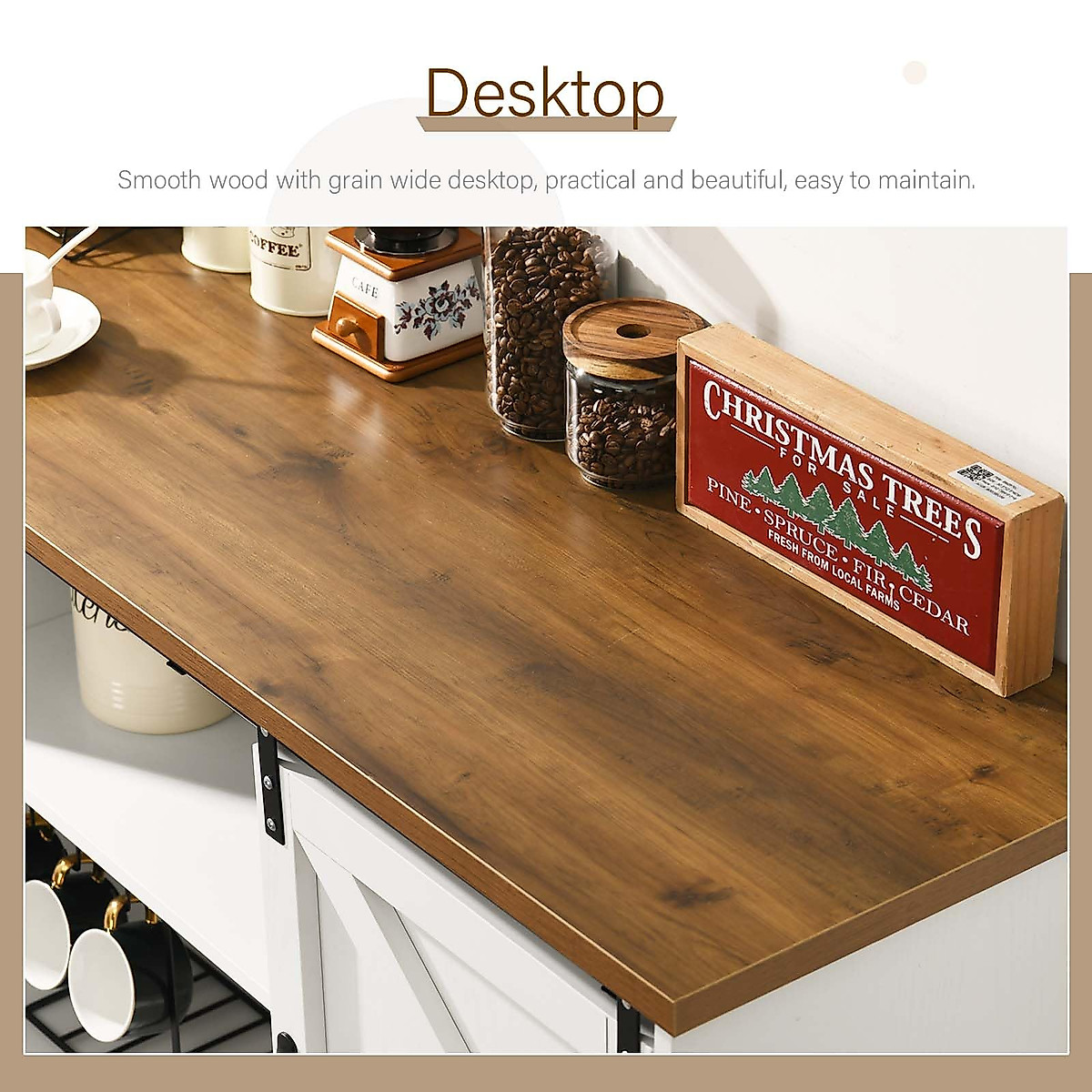 Farmhouse Coffee Bar Cabinet, 58”Kitchen Coffee Bar Cabinet with Storage, White Coffee Bar with Sliding Barn Door for Dinning Room, Living Room