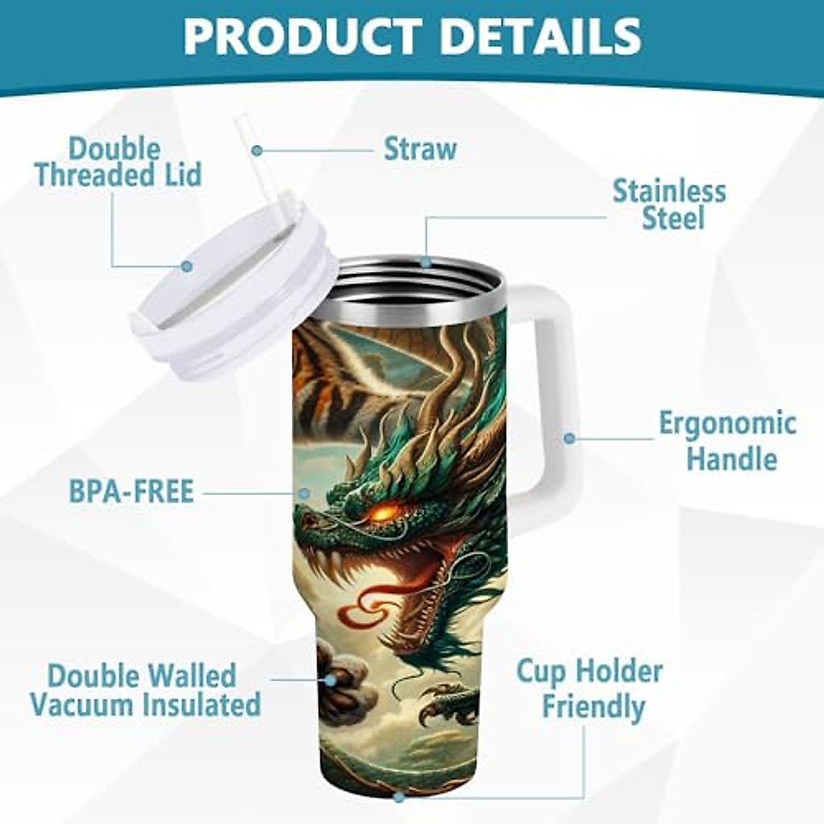 Maunzc 30 oz Tumbler with Handle and Straw, Insulated Stainless Steel Travel Mug with Lid for Coffee, Iced Tea, Water, Gift for Men Women (Tiger and Dragon Doing Battle)