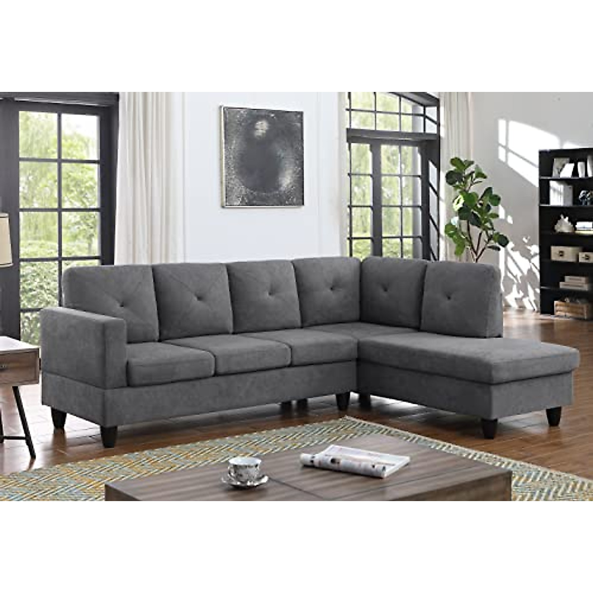 Lilola Home Ivan Dark Gray Woven Sectional Sofa with Right Facing Chaise