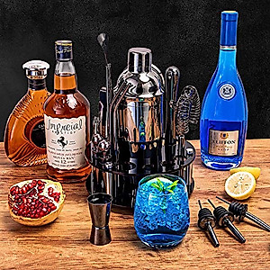 Oyydecor 18 Piece Cocktail Shaker Set with Rotating Stand, Gifts for Men Dad Grandpa, Stainless Steel Bartender Kit Bar Tools Set, Home, Bars, Parties and Traveling (Gun-Metal Black)