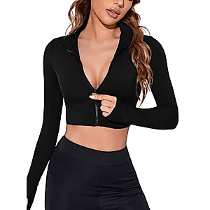 SOLY HUX Women's Lightweight Full Zip Athletic Long Sleeve Crop Running Workout Yoga Sportwear Jacket Solid Plain Black Small