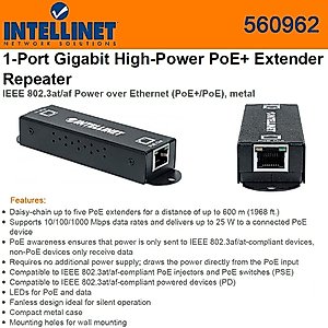 Intellinet Network Solutions 560962 IPE-IND Extender Repeater IEEE 802.3at/af Power Over Ethernet Gigabit High-Power PoE+/PoE