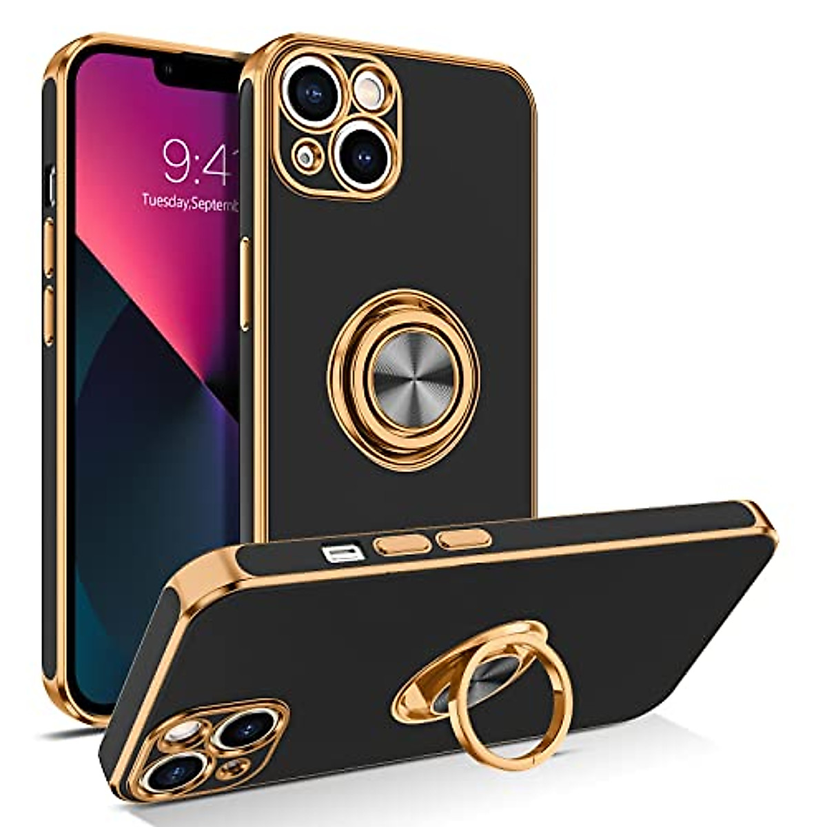 BENTOBEN iPhone 13 Case, Phone Case iPhone 13, Slim Fit 360° Ring Holder Shockproof Kickstand Magnetic Car Mount Supported Non-Slip Protective Women Girls Men Boys Cover for iPhone 13 6.1 Inch, Black