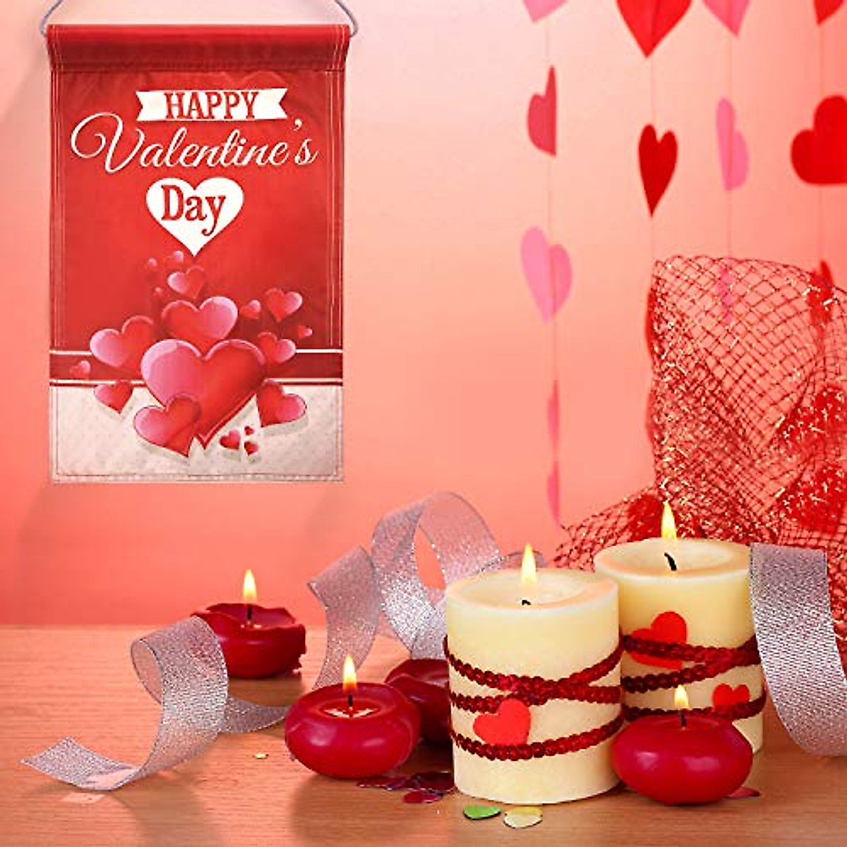 Happy Valentines Day Garden Flag Double Sided Decorations Heart Garden Flag with 1 Rubber Stopper and 1 Clear Anti-wind Clip for Garden Valentines Day Party Supplies, 12 x 18 Inch