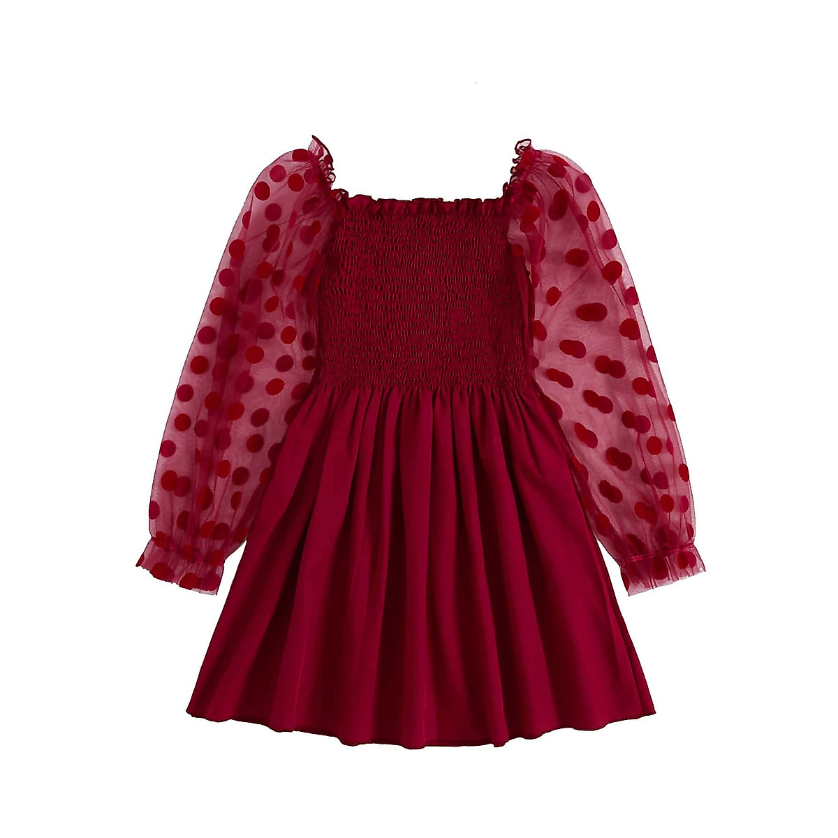 WDIRARA Toddler Girl's Polka Dots Mesh Flounce Long Sleeve Flared Shirred Dress Pure Burgundy 90
