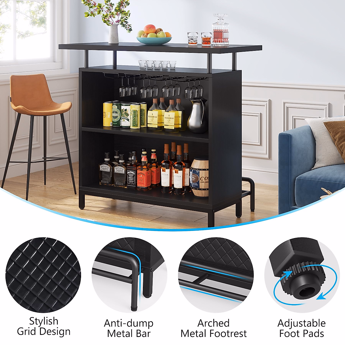 LITTLE TREE 47 Inches PU Leather Home Bar Table Unit Liquor Cabinet Glasses Holder and Metal Footrest,Wine Rack for Kitchen Living Room, 2-Tier, Black