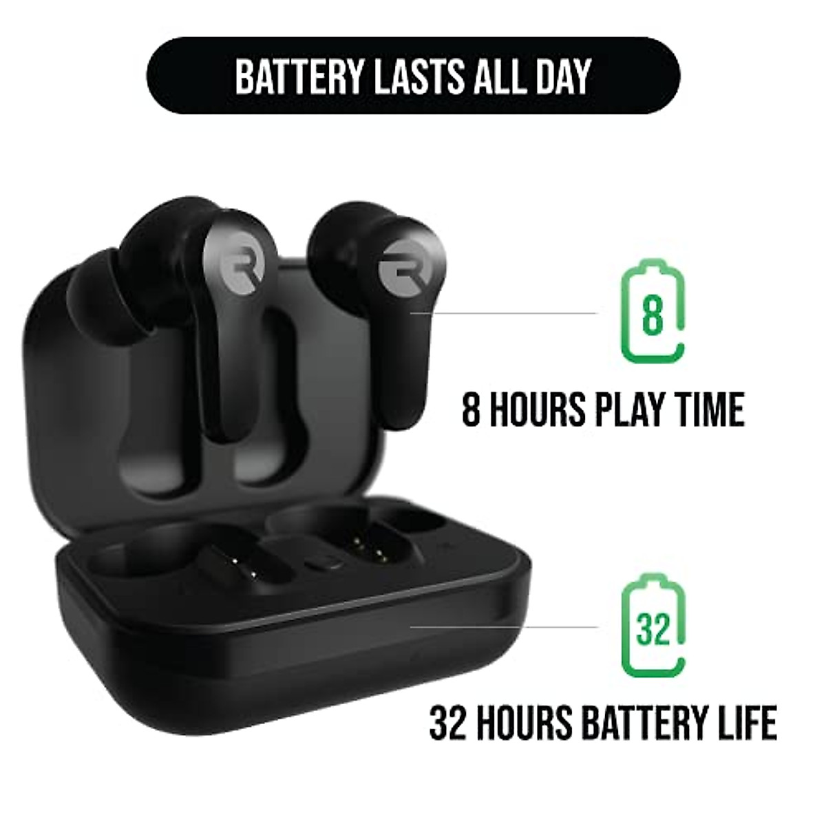 Raycon Work Earbuds Bluetooth Wireless Earphones with Microphone- Stereo Sound in-Ear Bluetooth Headset True Wireless Earbuds with 32 Hours of Battery Life (Carbon Black)