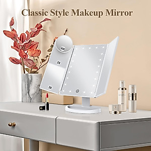 Makeup Mirror Vanity Mirror with Lights, 2X 3X 10X Magnification, Lighted Makeup Mirror, Touch Control, Trifold Makeup Mirror, Dual Power Supply, Portable LED Makeup Mirror, Women Gift (White+10X)