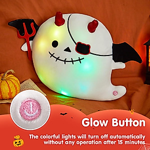 WEWILL 12'' Light up Halloween Ghost Soft Plush Pillow with Bat Wings Spooky Glow Devil Halloween Stuffed Animal Gifts for Toddler Kids Boys Girls