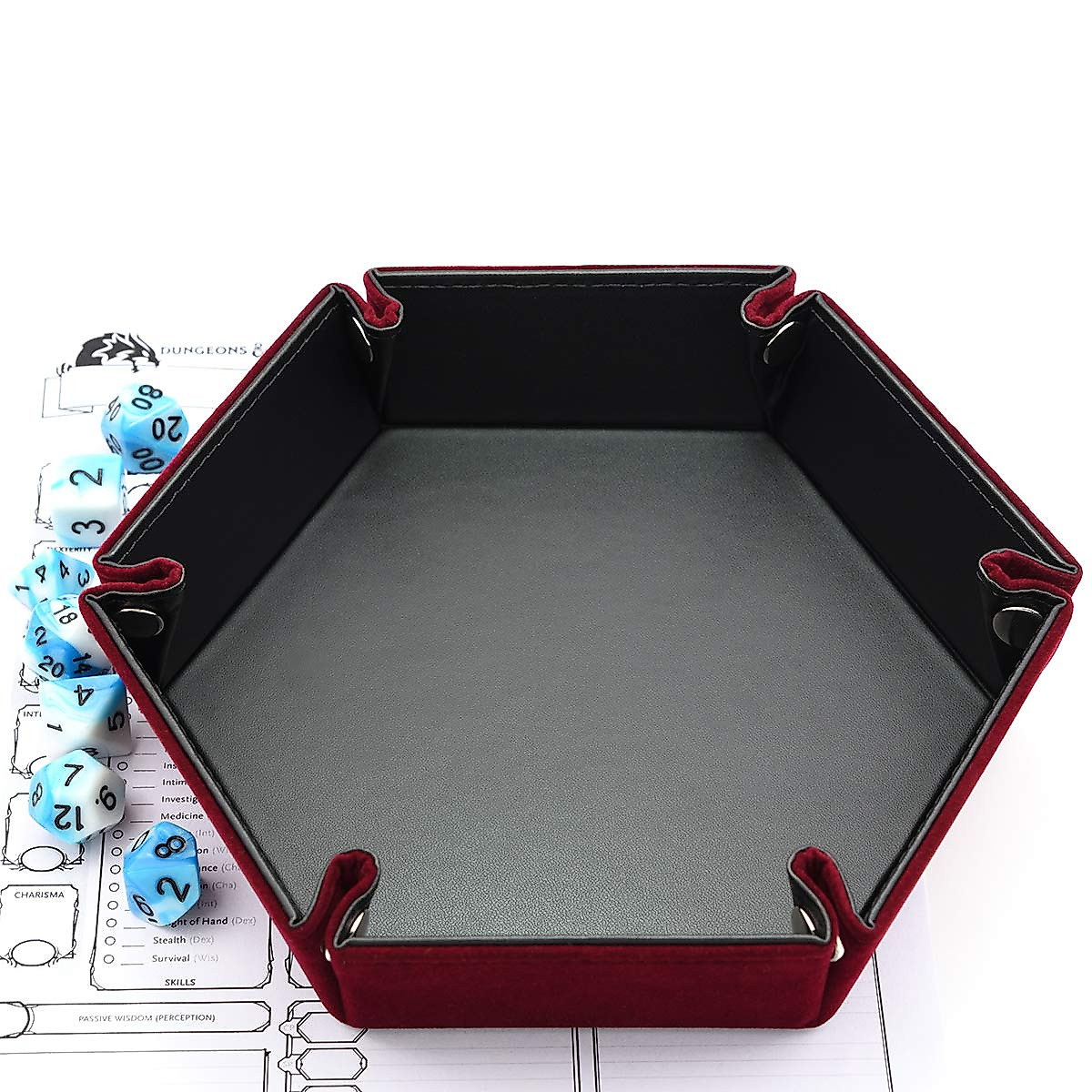 Dice Folding Hexagon Tray w/Red Velvet Rolling for DND Dice Games and Candy Holder Storage