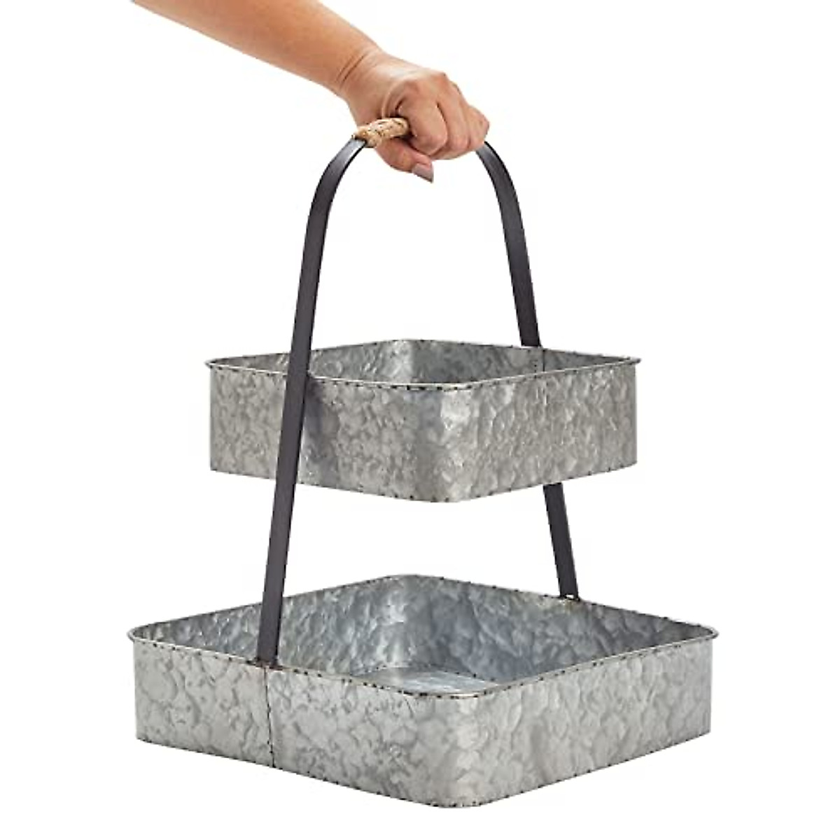 Square 2 Tiered Tray Stand with Handle for Farmhouse Decor, Dessert, Fruit, Galvanized Gray (12 x 17 in)
