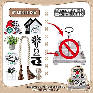 Eufrozy 11pcs Farmhouse Tiered Tray Decor Set, Rustic Tier Tray Decorations with Black and White Buffalo Plaid Gnome Ornaments Wooden Home Sweet Home Sign for Kitchen Table Decor Summer Housewarming