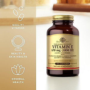 SOLGAR Vitamin E 670 mg (1000 IU) - 100 Softgels, Pack of 2 - Naturally Sourced - Gluten Free, Dairy Free - 200 Total Servings