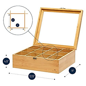 RoyalHouse Big Natural Bamboo Tea Storage Organizer with Clear Acrylic Top Window, 12 Compartments Eco-Friendly Tea Bag Holder, Multi-Functional Storage Box