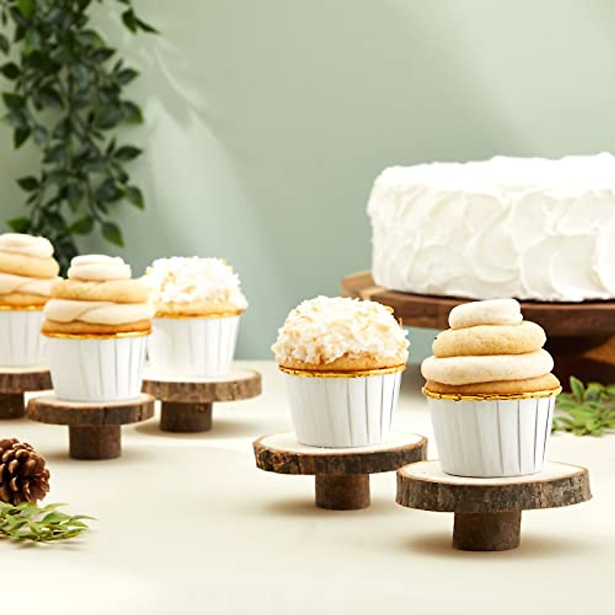 6 Pack Natural Wood Slice Cake Stand for Appetizers, Individual Mini Cupcake Holders, Rustic Style Cupcake Stand (3.5 x 1.5 in)