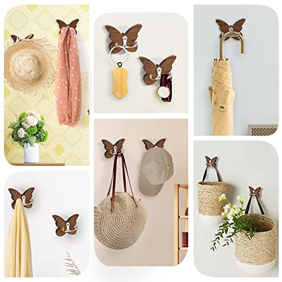 ShineZoom Wood Wall Hooks 6 Pack Coat Hooks Wall Mounted & Adhesive 2 in 1Universal Rustic Hat Hooks for Wall/ Entryway/ Bathroom/ Closet/ Door/Mudroom/Kitchen