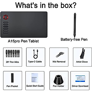 VEIKK A15Pro Graphics Drawing Tablet 10 x 6 Inch Digital Pen Tablet with 12 Shortcut Keys -1 Quick Dial and Battery-Free Passive Stylus,Supports Tilt Function,for Mac/Chrome/Windows/Linux/Android OS