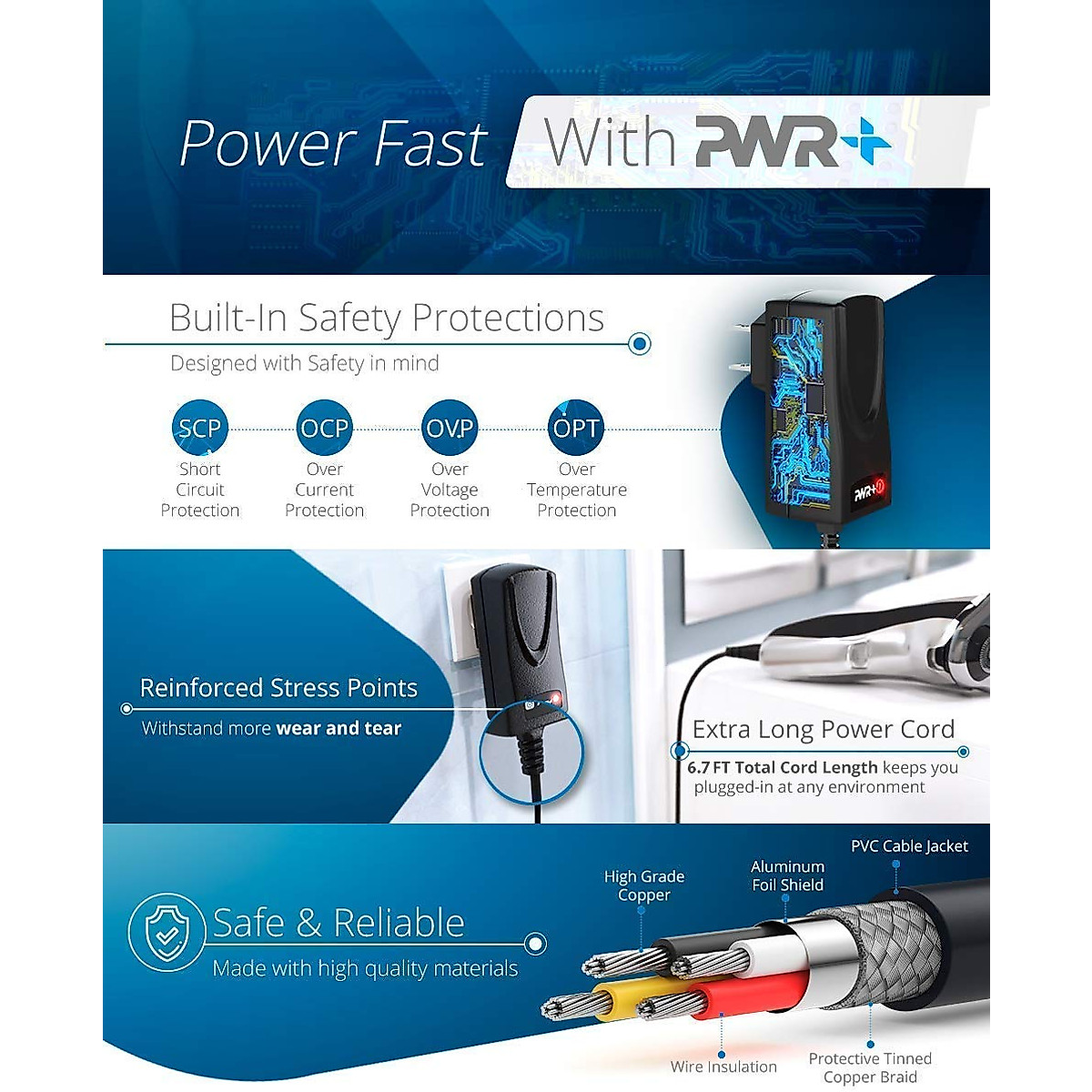 Pwr Charger for Panasonic Wes7058k7658 Pro-curve Shaver Wet/dry AC Adapter-Replacement - Re7-40 Re7-68 Es8243a Es8103 Es8103s Es8109 Es8109s Es7103 Es7109 Es7056s !Check Plug! Extra Long 6.5 Ft Cord