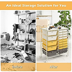 KOTEK 15-Drawer Rolling Storage Cart, Multipurpose Mobile Utility Cart with 4 Wheels, Home Office School Tools Scrapbook Paper Organizer (Yellow)
