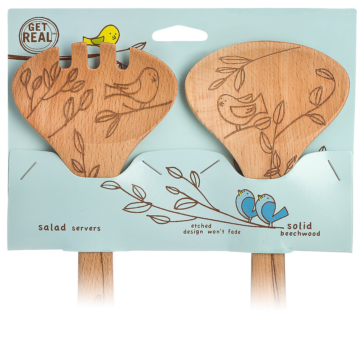 Talisman Designs Laser Etched Beechwood Salad Serving Set | Nature Design | Fork & Spoon Serving Set | Cute & Functional Kitchen Tool | Small Wooden Utensils