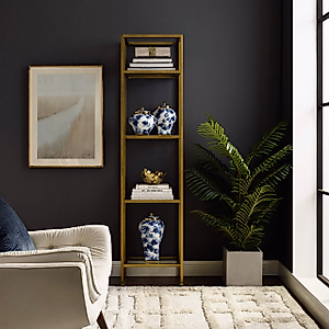 Crosley Furniture Aimee Narrow Bookshelf with Glass Shelves, Bookcase Storage, Gold and Glass