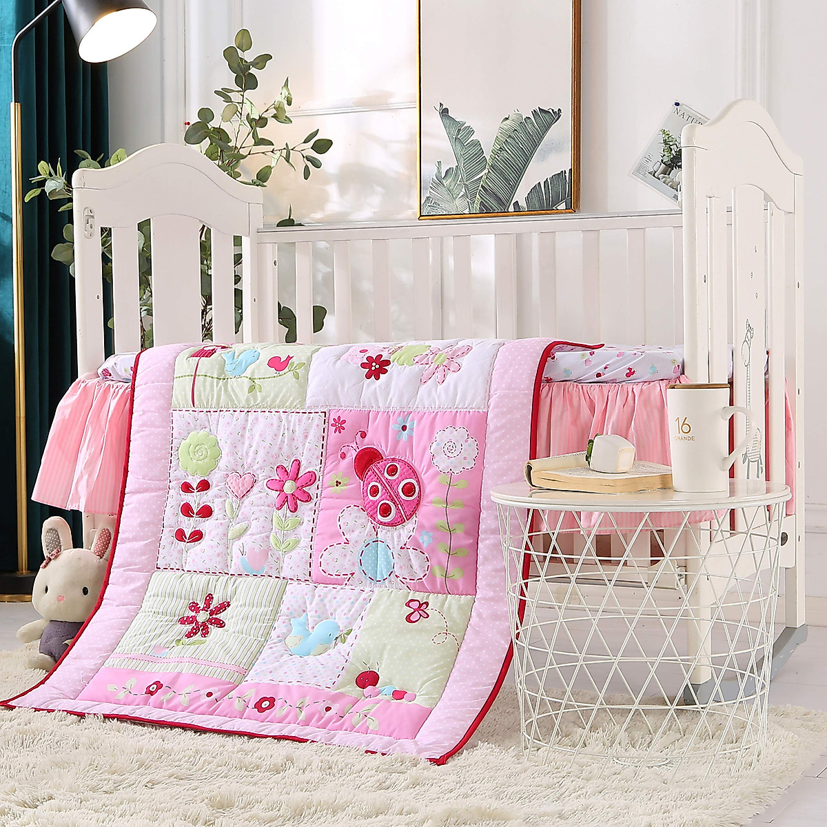 VIVILINEN Pink Ladybird Baby Crib Bedding Set for Girls 3 Pieces Bird Flowers Infant Toddler Nursery Comforter Sets with Crib Quilt Baby Blanket Fitted Sheet Crib Skirt for Standard Size Crib