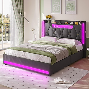 busyaeh King Bed Frame and Headboard with Storage, King Size Bed Frame with LED Lights & Charging Station, Upholstered King Bed Frame, No Noise, No Box Spring Needed, Easy Assembly