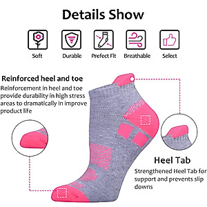 JOYNÉE Women's Ankle Athletic Running Socks Performance Cushioned Low Cut Sports Socks with Heel Tab 6 Pairs,Sock Size 9-11,Grey