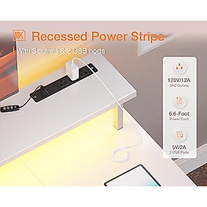 ODK 55 inch Gaming Desk with LED Lights & Power Outlets, Computer Desk with Monitor Stand & Storage Sheves, CPU Stand, Home Office Desk White