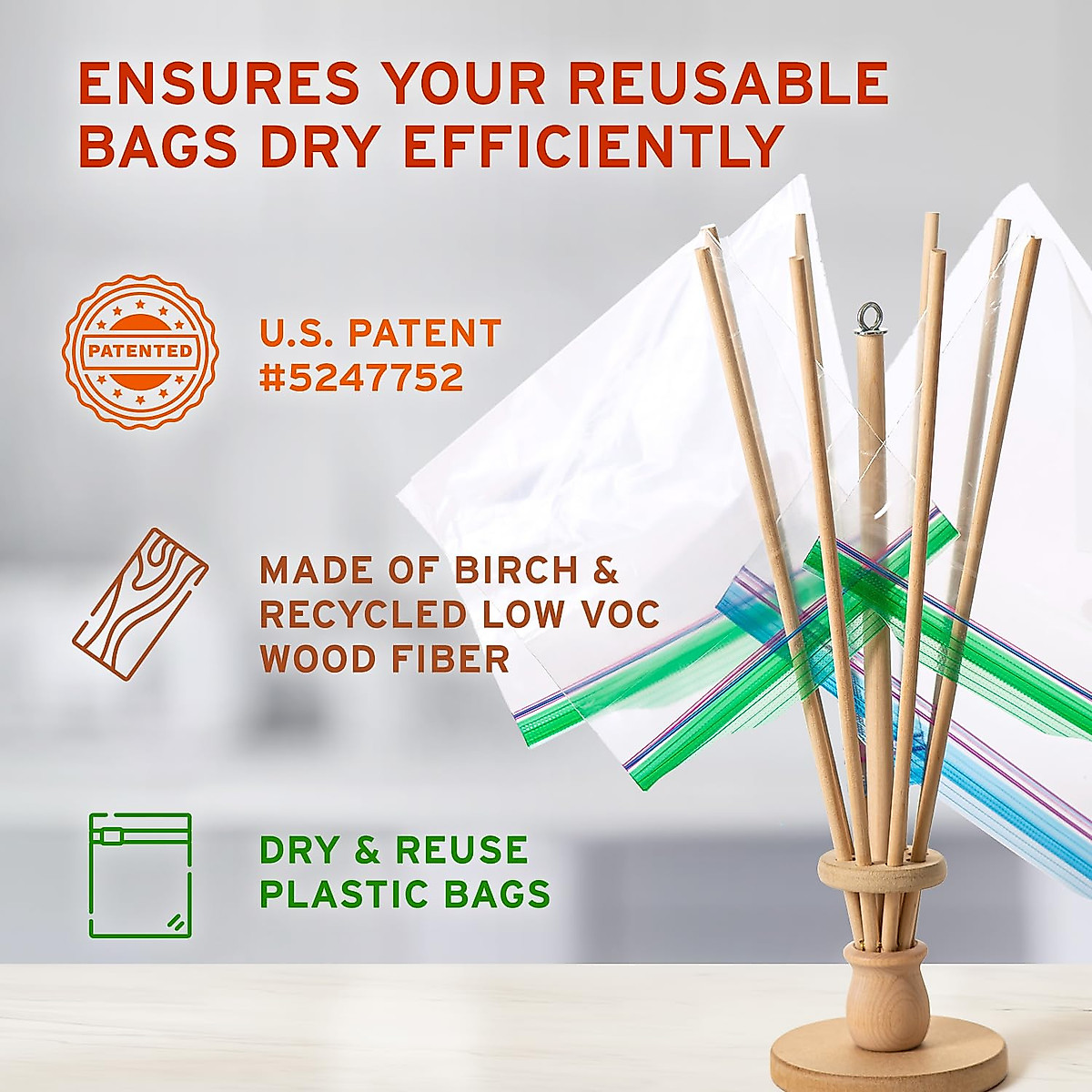 FloWorks Design Plastic Bag and Bottle Dryer - Patented; Multi-Purpose Drying Rack Saves Money and the Planet. Folds for Easy Storage
