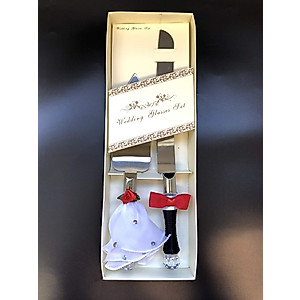 Abbie Home Wedding Anniversary Cake Knife and Server Set - Silk Bow Tie and Red Rose Rhinestone Lace Decoration (Cake Knife&Server Set)