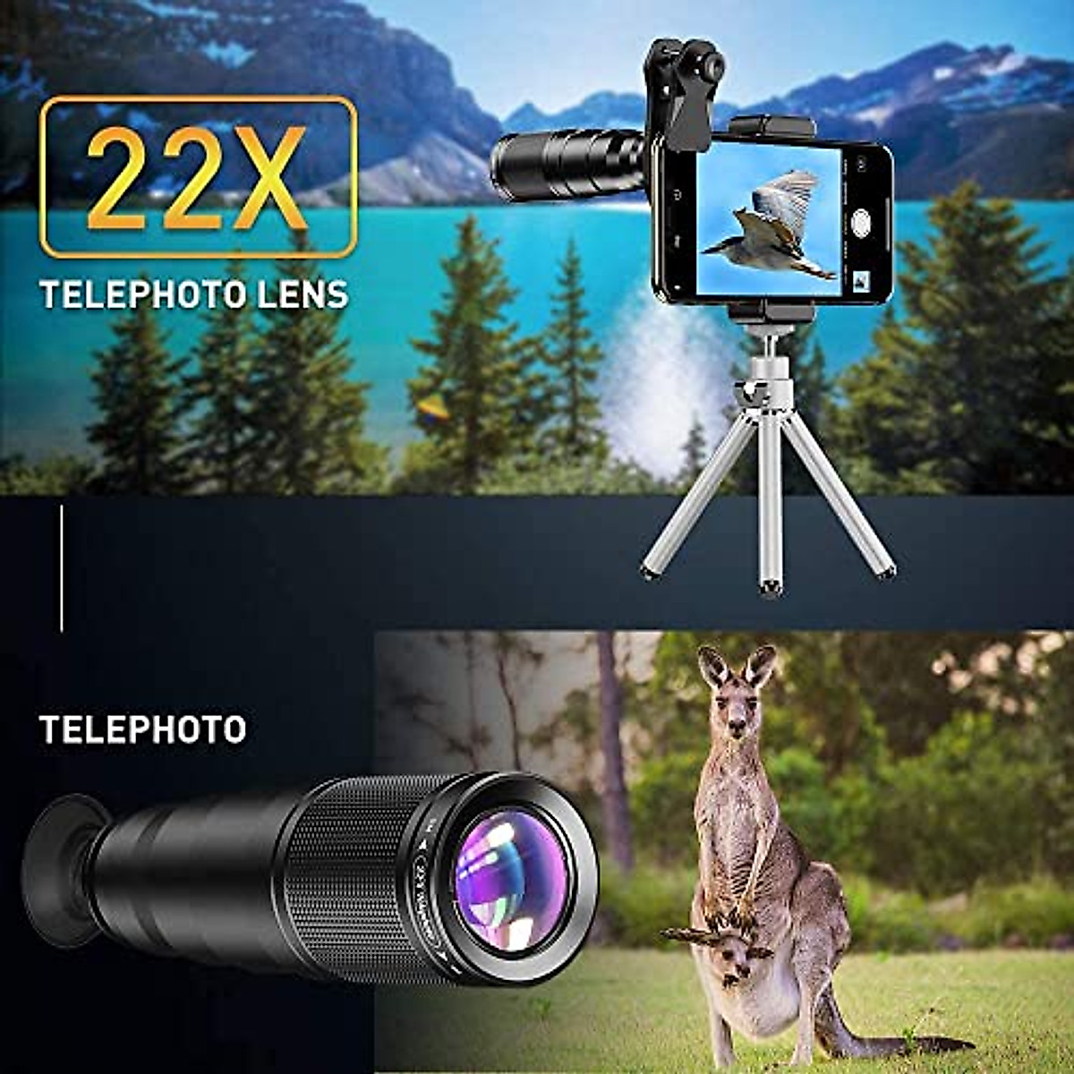 APEXEL 6 in 1 Phone Lens Kit - 22X Telephoto Lens, 205° Fisheye Lens, 120° Wide Angle Lens & 25X Macro Lens(Screwed Together), Compatible with iPhone 11 8 7 6 6s Plus X Xs/Max XR Samsung