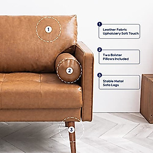 Vonanda Faux Leather Sofa Couch, Mid-Century 73 Inch 3 Seater Leather Couch with Hand-Stitched Comfort Cushion and Bolster Pillows for Living Room,Elegant Cognac Tan