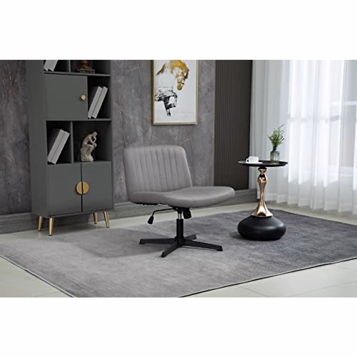 Armless Office Chair No Wheels with Thickened Cushion, Height Adjustable Swivel Ergonomic Computer Task Chair, Mid Back PU-Padded Bedroom Vanity Chair, Home Office Desk Chair - Grey Leather