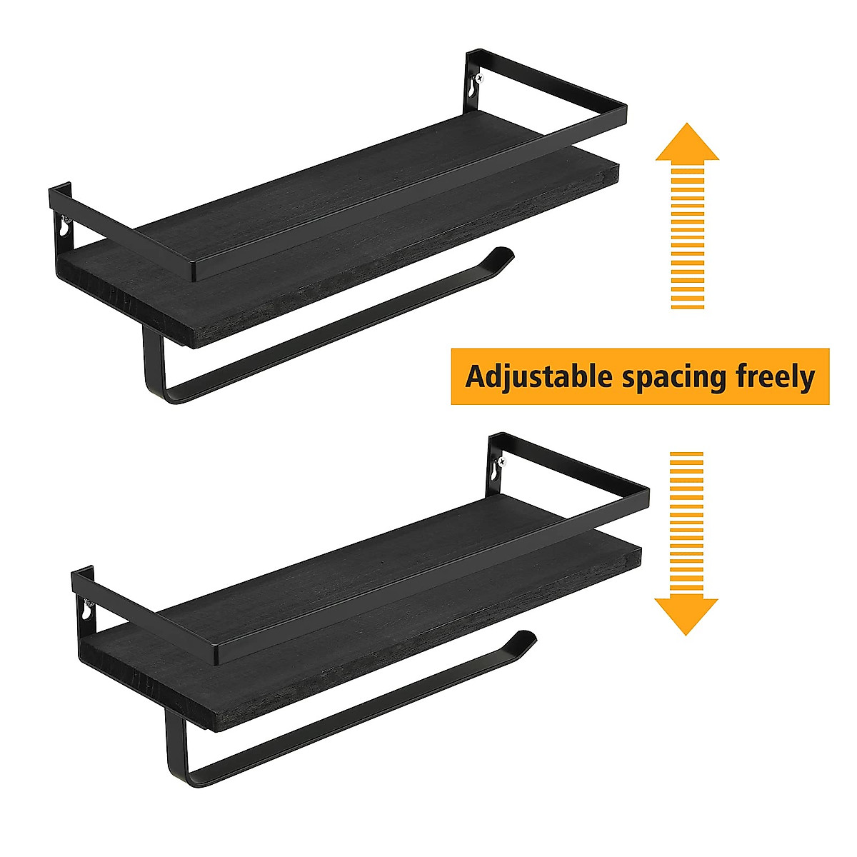 BESy Floating Shelves Wall Mounted Storage Shelves with Towel Rack Rails Bar, Paper Towel Holder with Shelf for Kitchen, Bathroom Tissue Roll Hanger, Matte Black Metal Frame, Set of 2 Black